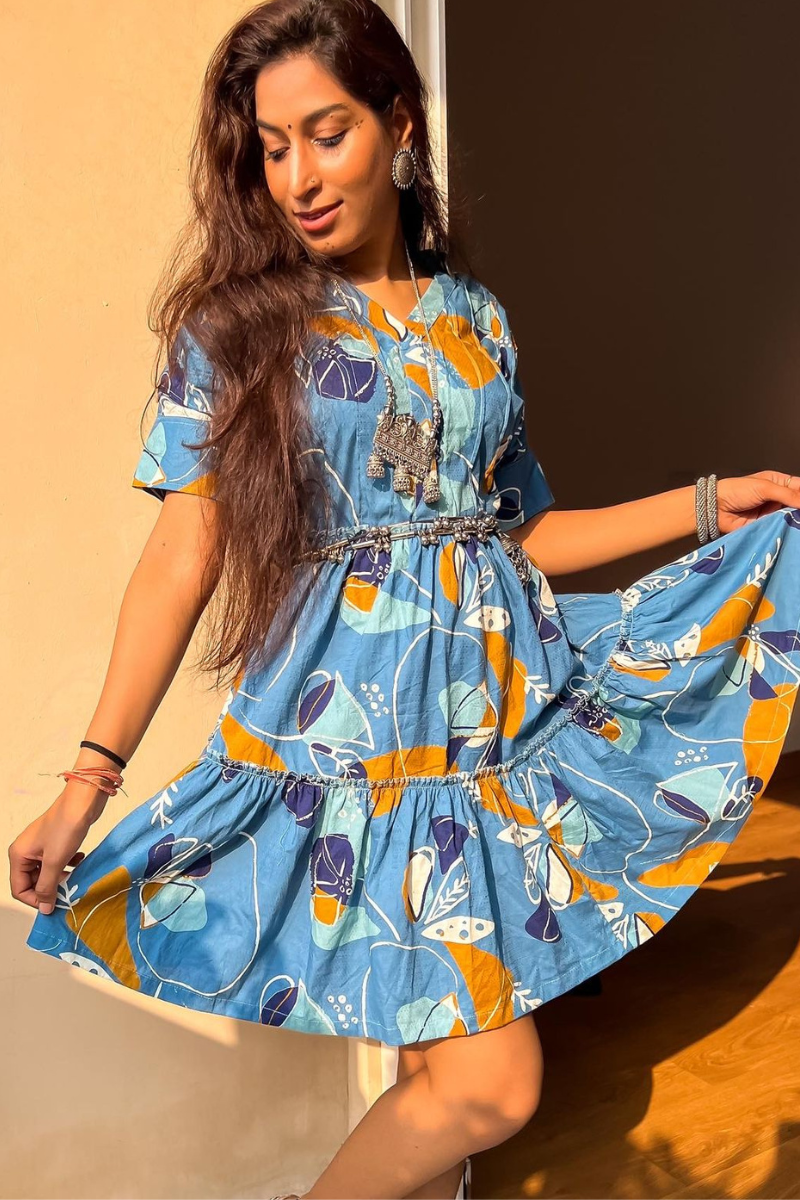 Ocean Blue Asymmetric Print Two Tier Dress